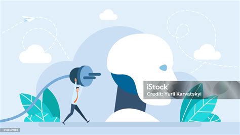 로봇 머리와 전원 플러그를 소켓에 넣는 남자 과학 및 기술 개념 인공 지능 및 기계 학습 Ai 칩 로봇으로 뇌를 연결합니다 평면 일러스트레이션 가상현실에 대한 스톡 벡터