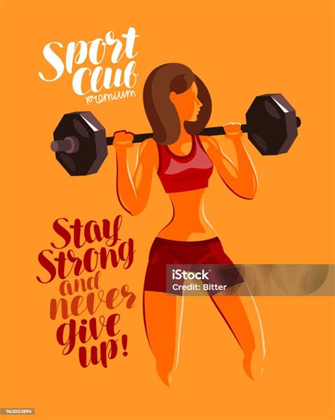 피트 니스 헬스 보디 빌딩 개념입니다 무거운 바 벨을 소녀 또는 젊은 여자 동기 부여 문구 문자 벡터 일러스트 레이 션 개념에 대한 스톡 벡터 아트 및 기타 이미지 Istock