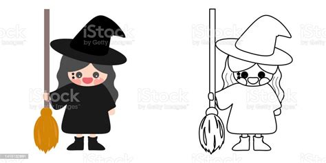 빗자루와 만화 귀여운 작은 젊은 검은 마녀 아이 할로윈 코스프레 정면 보기 문자입니다 컬러 및 라인 아트 세트 흰색 배경 평면 디자인 Eps10 벡터로 분리 10월에 대한
