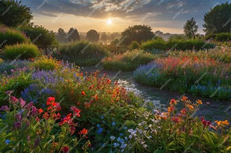 Premium Photo Sunset Glow Over Flourishing Garden