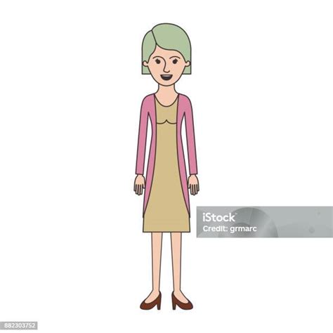 블라우스와 재킷 및 치마와 뒤꿈치 신발 화려한 실루엣에 짧은 머리 여자 전신 가득 찬에 대한 스톡 벡터 아트 및 기타 이미지