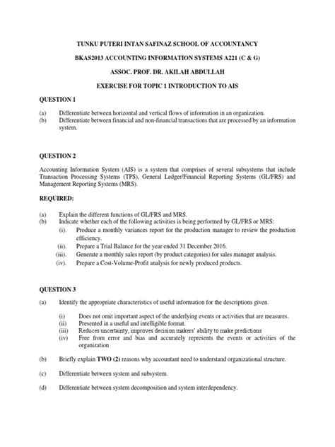 Exercise For Topic 1 Introduction To Ais A221 Pdf