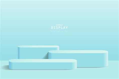 둥근 연단 세트 또는 제품 전시를 위한 스탠드가 있는 깨끗한 파란색 3d 룸 제품 전시 모형을 위한 연단 장면 쇼케이스를 위한 무대 3d 벡터 렌더링 제품을 광고하거나