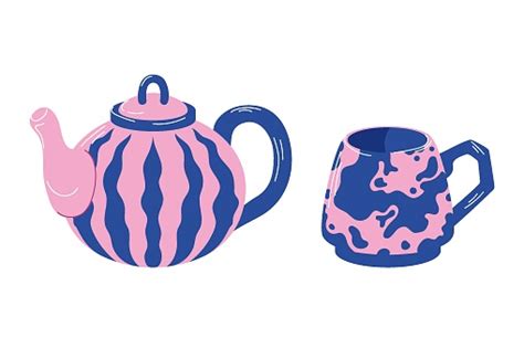 핑크와 블루 컬러의 스타일리시한 찻주전자와 컵에 스트라이프와 추상적인 디자인이 돋보이는 플랫 스타일 주방 장식 차 및 커피 관련 콘텐츠에 적합합니다 0명에 대한 스톡 벡터