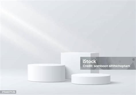 큐브 받침대가 있는 3d 흰색 원통형 연단 받침대 배경 빈 벽 장면을 청소합니다 최소한의 모형 또는 추상적인 제품 전시 프레젠테이션 무대 쇼케이스 플랫폼 벡터 기하학적