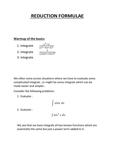 Reduction Formulae Warmup Of The Basics Pdf Integral Theoretical