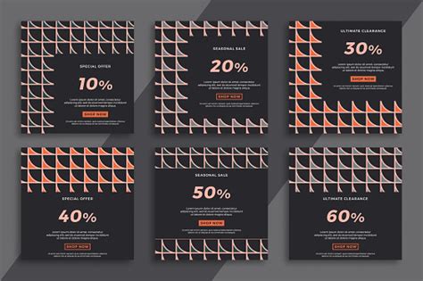 기하학적 패턴의 어두운 사각형 광고 웹 배너 세트 소셜 미디어 모바일 응용 프로그램에 대한 현대 판매 및 할인 프로모션 배경 간단한 벡터 편집 가능한 배경 Eps 10