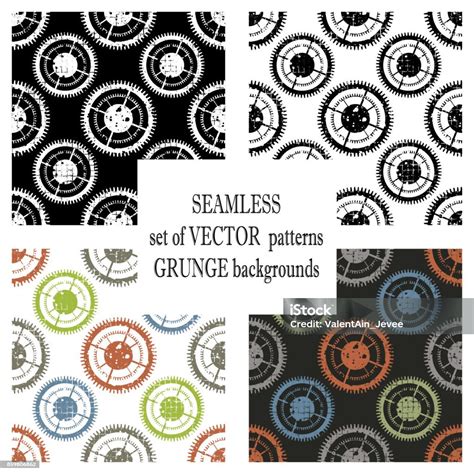 시계 메커니즘 벡터 완벽 한 패턴의 집합입니다 기어 바퀴와 크리에이 티브 기하학적 그런 지 배경입니다 균열 신의 음식 긁힘 마찰 텍스처 그래픽 일러스트입니다 거친에 대한