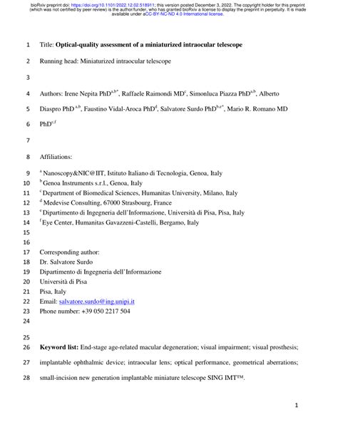 Pdf Optical Quality Assessment Of A Miniaturized Intraocular Telescope