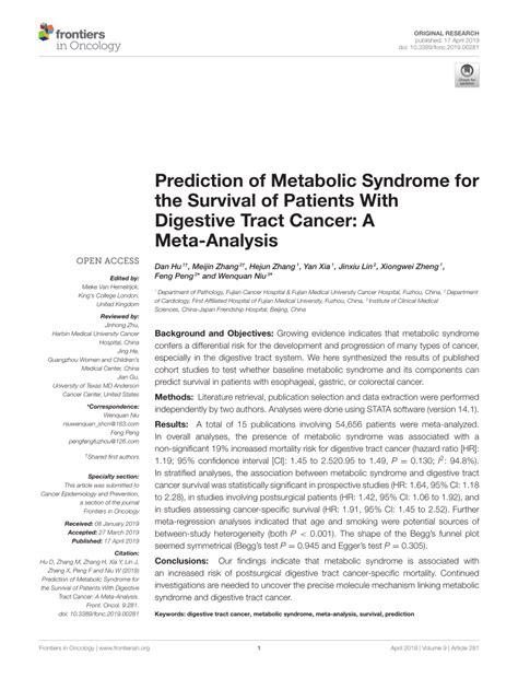 Pdf Prediction Of Metabolic Syndrome For The Survival Of Patients With Digestive Tract Cancer