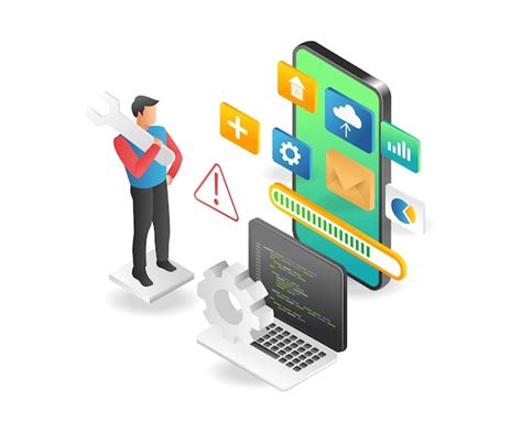 많은 스마트폰 응용 프로그램을 처리하는 인간 개념의 아이소메트릭 평면 그림 프리미엄 벡터