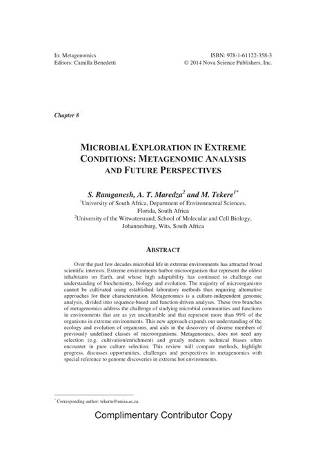 Pdf Microbial Exploration In Extreme Conditions Metagenomic Analysis And Future Perspectives