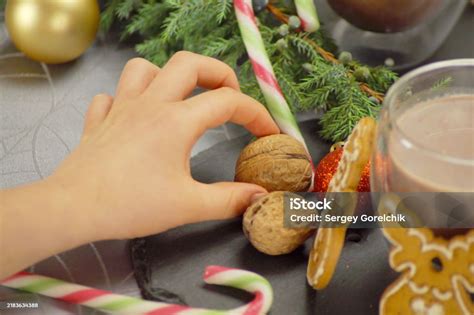 새해 크리스마스 준비 아이는 자신의 손으로 사탕 지팡이 세트 크리스마스 트리 공 사슴과 눈사람 모양의 진저 브레드 쿠키 호두를 조립합니다 이 모든 것이 아름다운 소나무