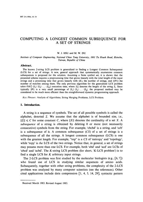 Pdf Computing A Longest Common Subsequence For A Set Of Strings