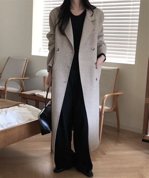 미미몬트 오버핏 울 헤링본롱코트 더블핸드메이드코트 블랙 베이지코트