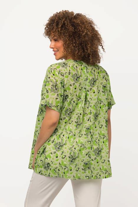 Abstract Flower Print Short Sleeve Split Neck Blouse Agave Green Ulla Popken