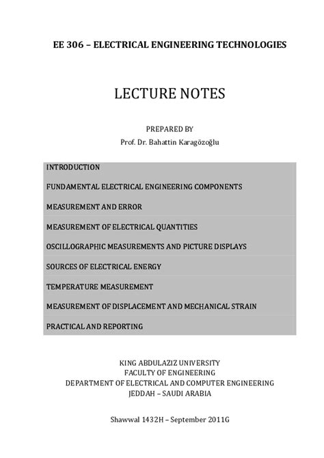 Pdf Ee 306 Electrical Engineering Technologies Lecture Notes