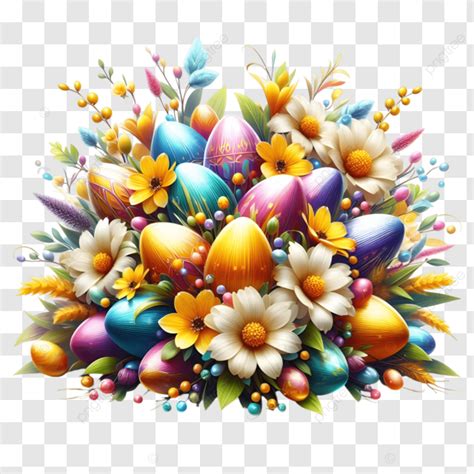 투명한 배경에서 부활절을 위한 3d 생동감 있는 꽃과 장식된 달걀 투명한 배경에서 부활절을 위한 3d 생동감 있는 꽃과 장식된 달걀 부활절 날을 위한 3d 생동감 있는