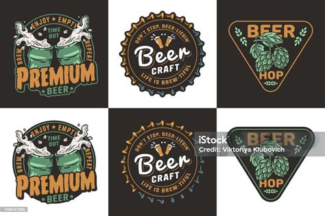 맥주 캡 캔 홉 스켈레톤 및 병이 있는 양조 엠블럼 또는 수제 맥주 로고의 맥주 세트 두개골 맥주 유리 및 바 펍 또는 양조장