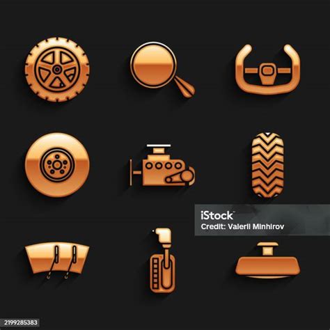 자동차 엔진 기어 시프터 거울 타이어 윈드 스크린 와이퍼 브레이크 디스크 스포츠 스티어링 휠 및 아이콘을 설정합니다 벡터 개념에 대한 스톡 벡터 아트 및 기타 이미지