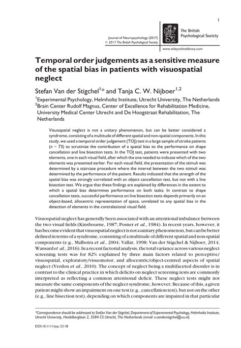 Pdf Temporal Order Judgements As A Sensitive Measure Of The Spatial Bias In Patients With