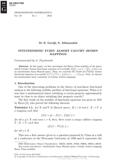 Pdf Intuitionistic Fuzzy Almost Cauchyjensen Mappings