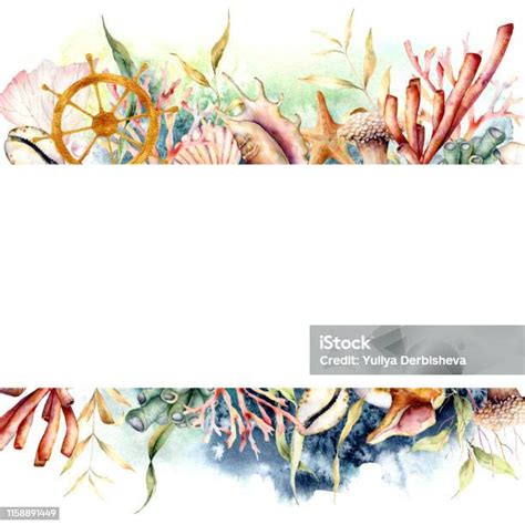 선박 바퀴와 산호초 식물 수채화 국경 흰색 배경에 고립 된 손으로 그린 해초 조개 및 불가사리 해상 템플릿 디자인 인쇄 또는 배경에 대한 그림입니다 바닷속에 대한 스톡 벡터
