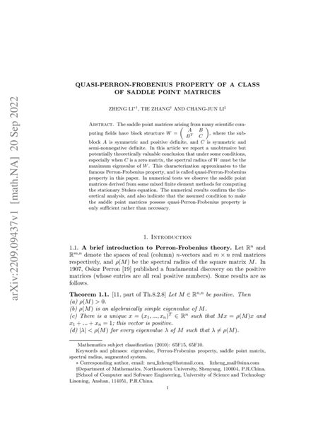 Quasi Perron Frobenius Property Of A Class Of Saddle Point Matrices Deepai