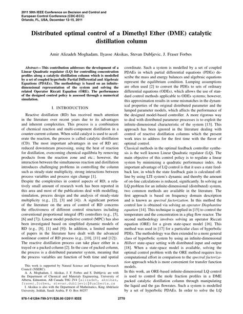 Pdf Distributed Optimal Control Of A Dimethyl Ether Dme Catalytic