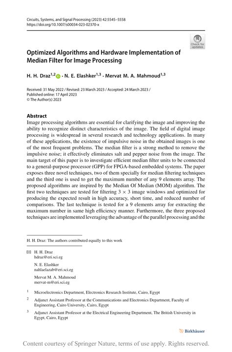 pdf optimized algorithms and hardware implementation of median filter for image processing