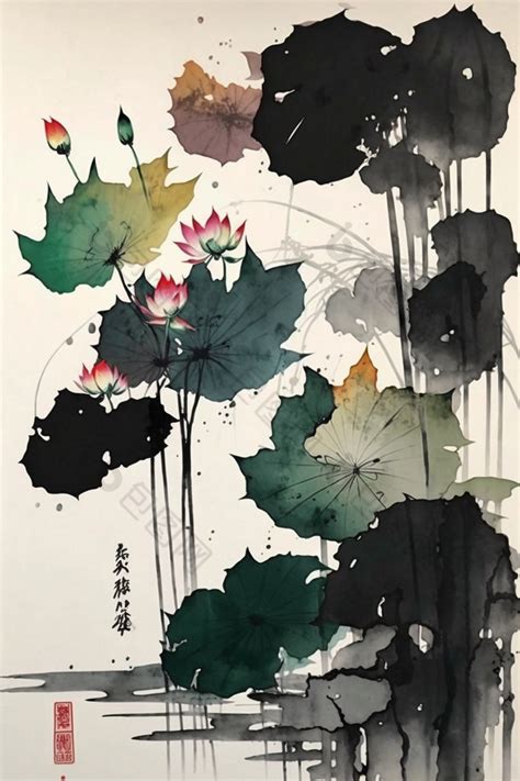 水墨莲花池叶子插画图片 包图网