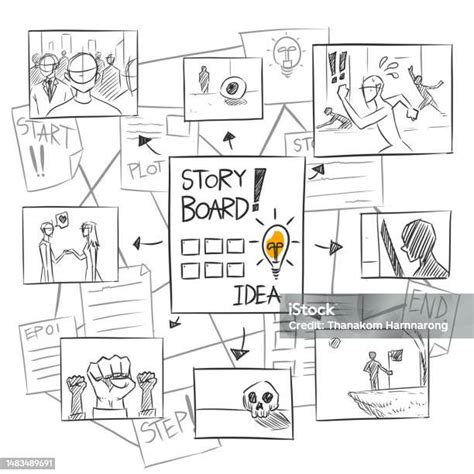 간단한 스케치와 스토리 보드에 아이디어의 과정을 단계 모든 스토리 보드 아이디어 스토리보드에 대한 스톡 벡터 아트 및 기타