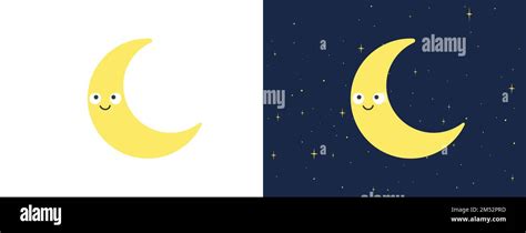 Crescent Moon With Kawaii Face Clipart Simple Cute Yellow Smiling Crescent Moon Flat Vector