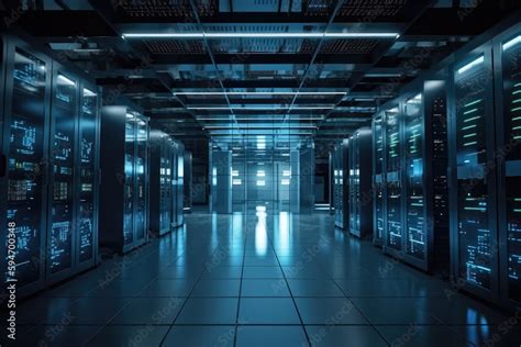 working data center full of rack servers and supercomputers modern