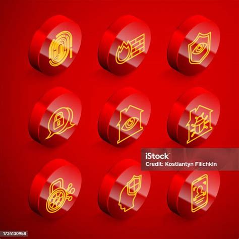 라인 지문 방화벽 보안 벽 방패 및 눈 사이버 스캔이 있는 집 시스템 버그 및 머리 방패 아이콘을 설정합니다 벡터 3차원 형태에 대한 스톡 벡터 아트 및 기타 이미지