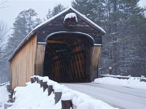 Winter Sunset In Covered Bridge Contoocook River New Hampshire