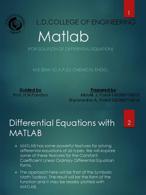 Solving Differential Equations Using Matlab A Guide To The Symbolic Math Toolbox For Solving