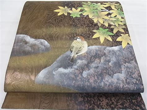 着物屋こころ 日本画家 水嶋征夫 六通太鼓柄袋帯 手描き 雀 楓 黒地 引箔 正絹 逸品 gs3000 仕立て上がり 売買されたオークション