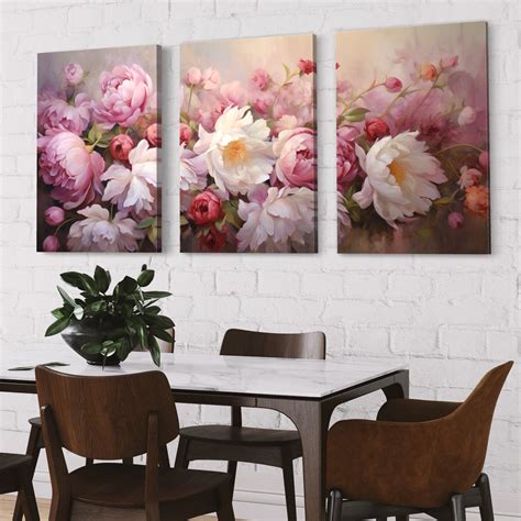3 Piece Floral Canvas Wall Art Of Peonies And Roses Etsy