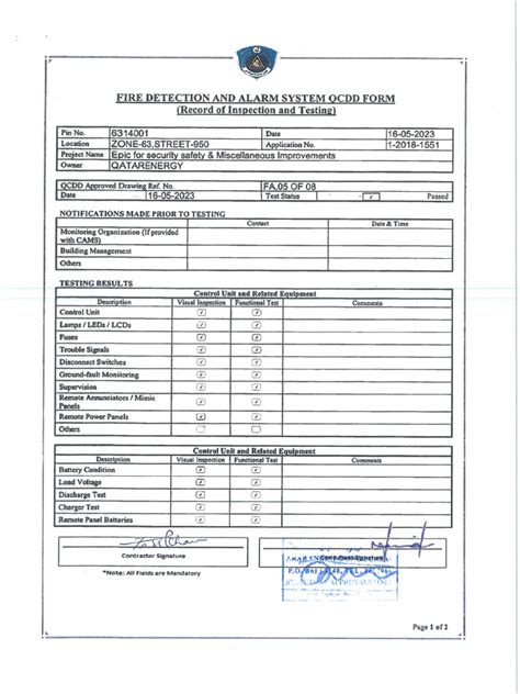 Fdas Record Of Inspection And Testing Pdf
