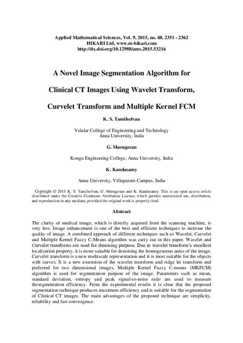 pdf a novel image segmentation algorithm for clinical ct images using wavelet transform
