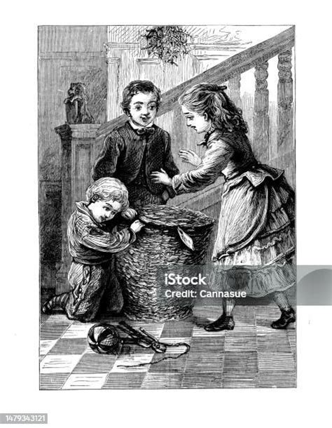 19th C 고리 버들 바구니 주위에 흥분한 세 명의 어린이 조각 스토리 텔 링 채터박스 매거진 1883 19세기에 대한 스톡 벡터 아트 및 기타 이미지 Istock