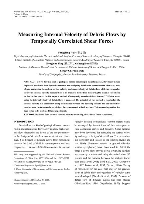 pdf measuring internal velocity of debris flows by temporally correlated shear forces