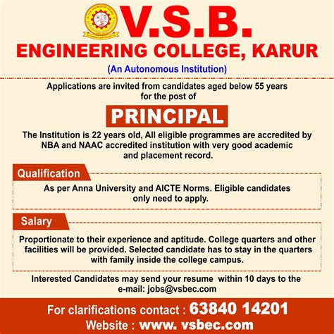 Vsb Engineering College Autonomous Karur Wanted Principal Facultyplus
