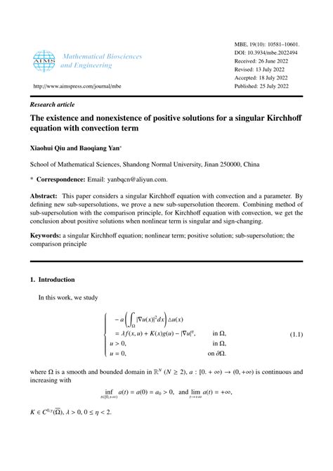 Pdf The Existence And Nonexistence Of Positive Solutions For A