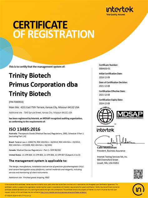 Trinity Biotech Kc Iso 13485 And Mdsap Certificate Exp 8dec24 Pdf Medical Device