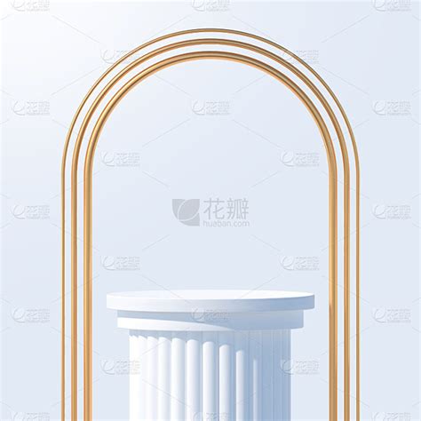 白色的讲台就像一个经典的产品展示栏。讲台舞台上有金色拱门。最小场景与讲台，矢量插图。