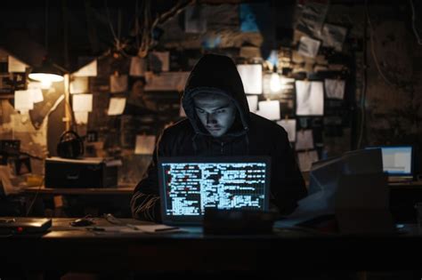 Hacker In A Dark Room Working On A Laptop At Night Premium AI Generated Image