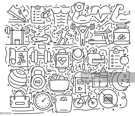 피트니스 및 운동 관련 개체 및 요소 손으로 그린 벡터 낙서 일러스트 레이션 컬렉션 손으로 그린 패턴 디자인 낙서 드로잉에 대한 스톡 벡터 아트 및 기타 이미지 Istock