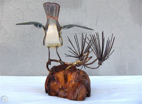 Vtg Norman Brumm Copper Enamel Sculpture Blue Yellow Bird In Pine Tree